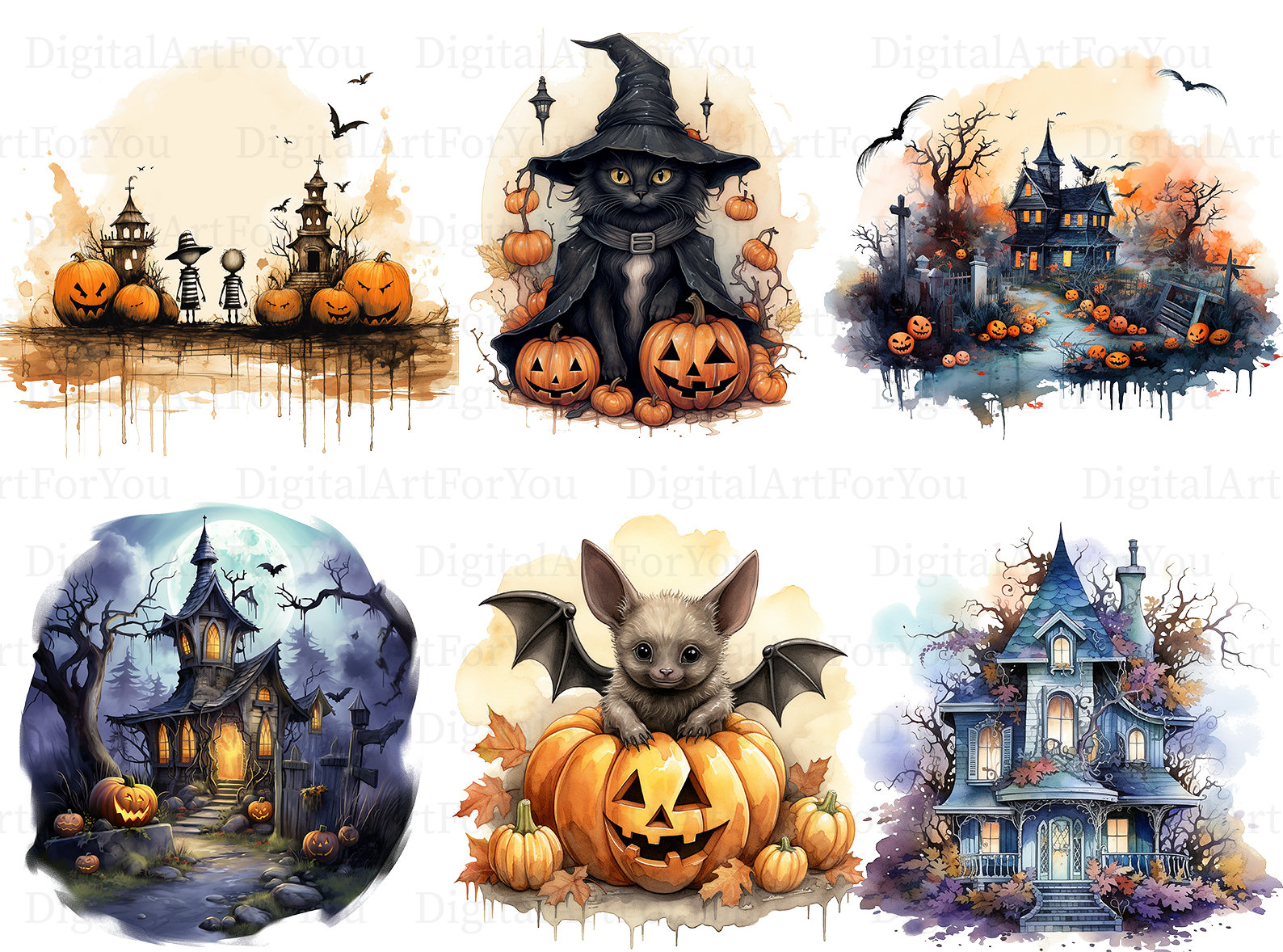 Watercolor Happy Halloween Clipart 20pc PNG & SVG Graphics - Etsy