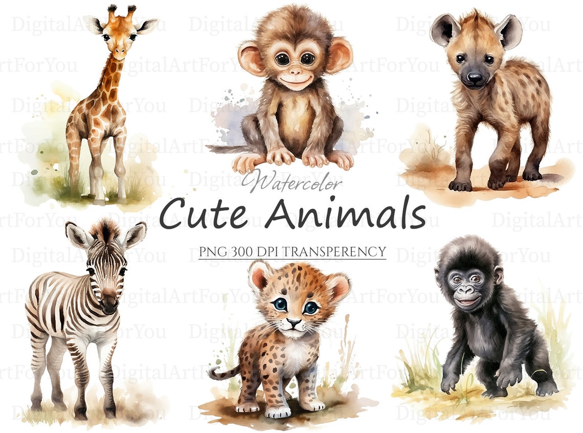 21 Safari Baby Animals Watercolor Clipart Digital Crafting - Etsy