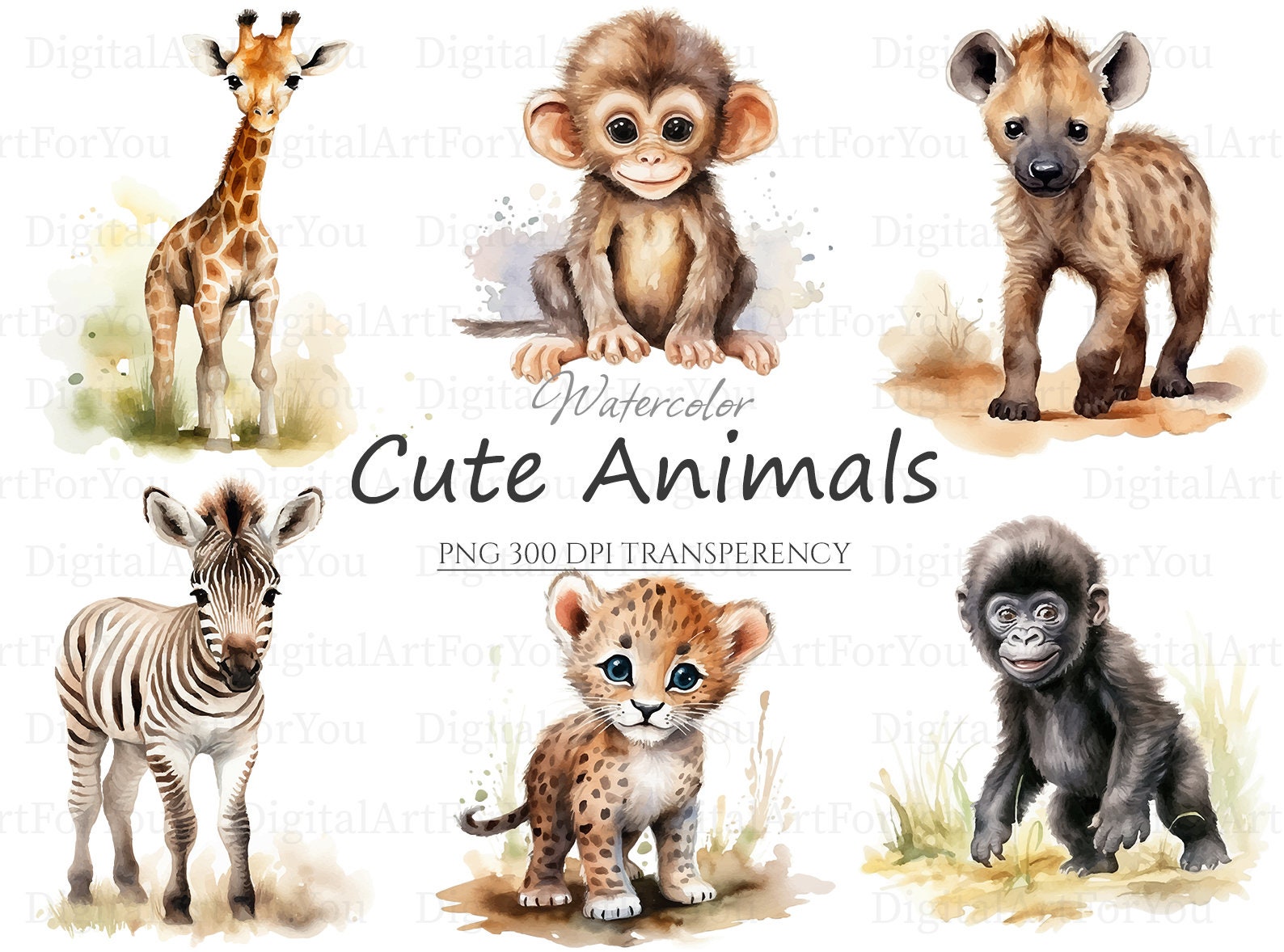 21 Safari Baby Animals Watercolor Clipart, Digital Crafting PNG ...
