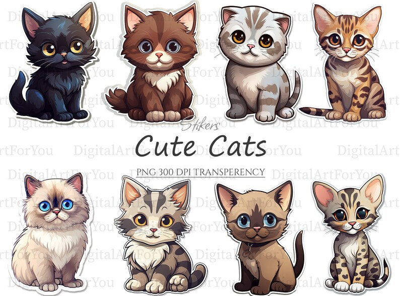 Cute Cat Clipart 25pc PNG & SVG Cats Breeds card Making - Etsy