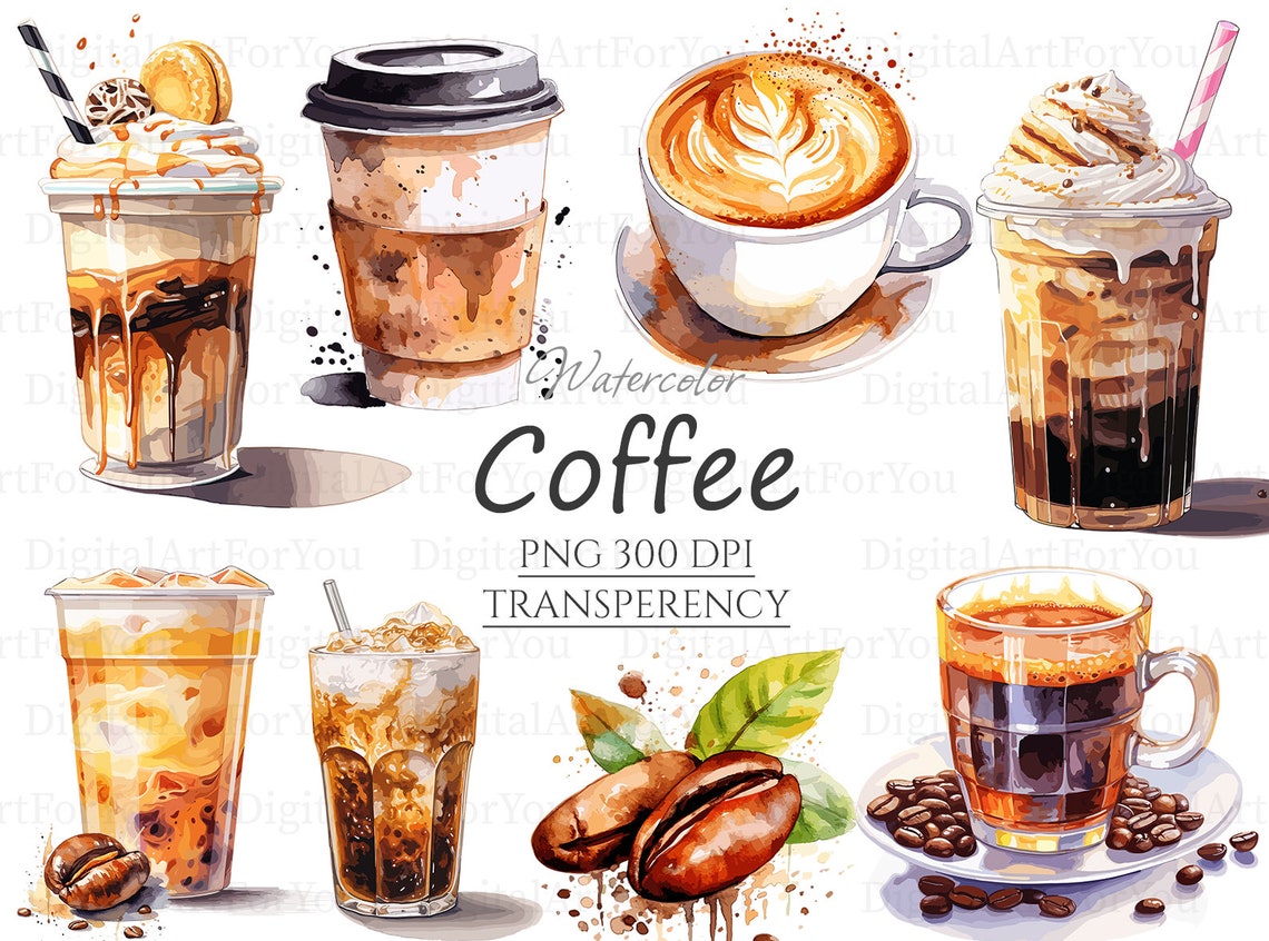 Watercolor Coffee 20pc PNG & SVG Coffee Drinks Clipart - Etsy Canada