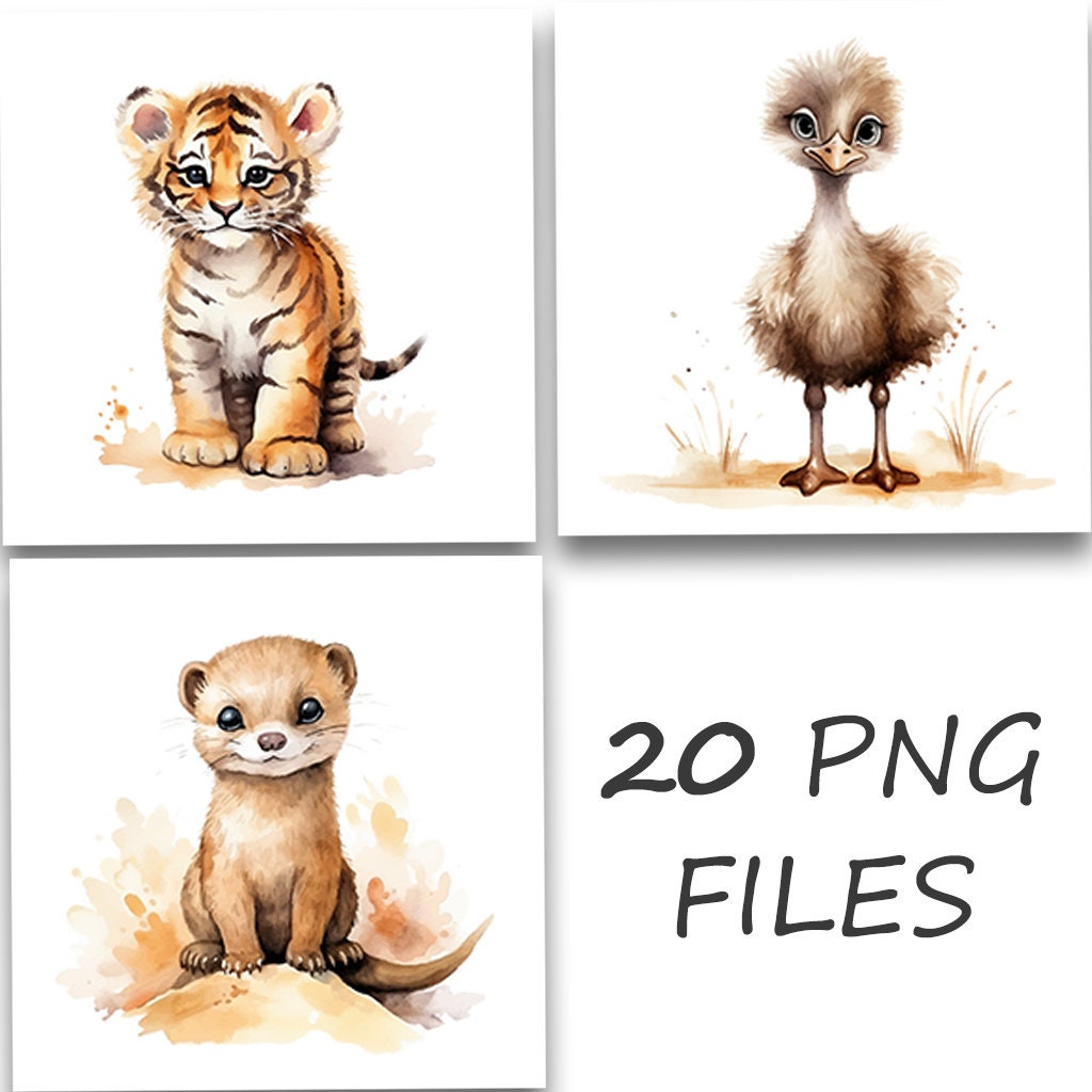 20 Safari Baby Animals Watercolor Clipart, Digital Crafting PNG ...