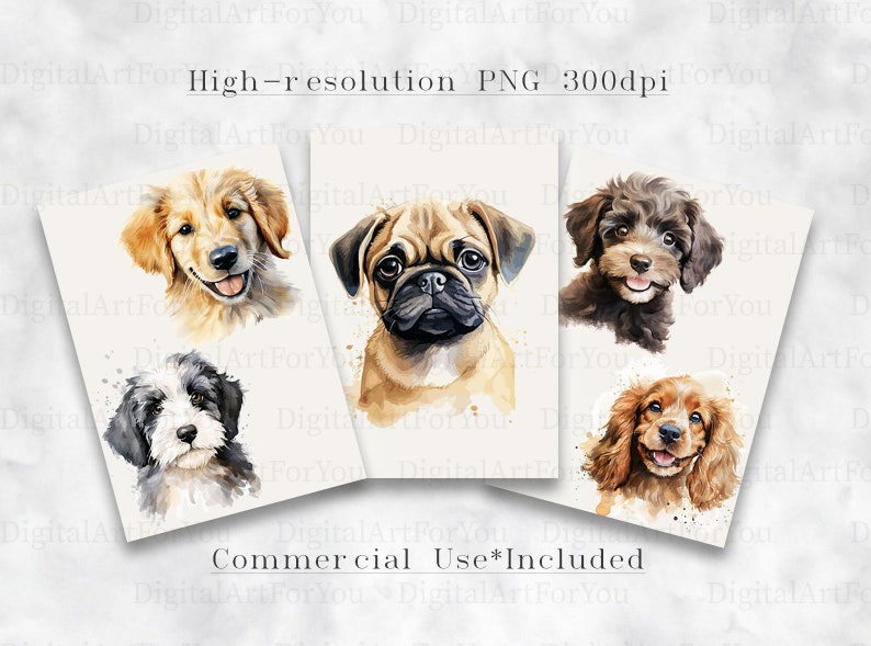 Dog 20pc PNG Watercolor Clipart, Cute Breeds, Puppies Bundle PNG, Puppy ...