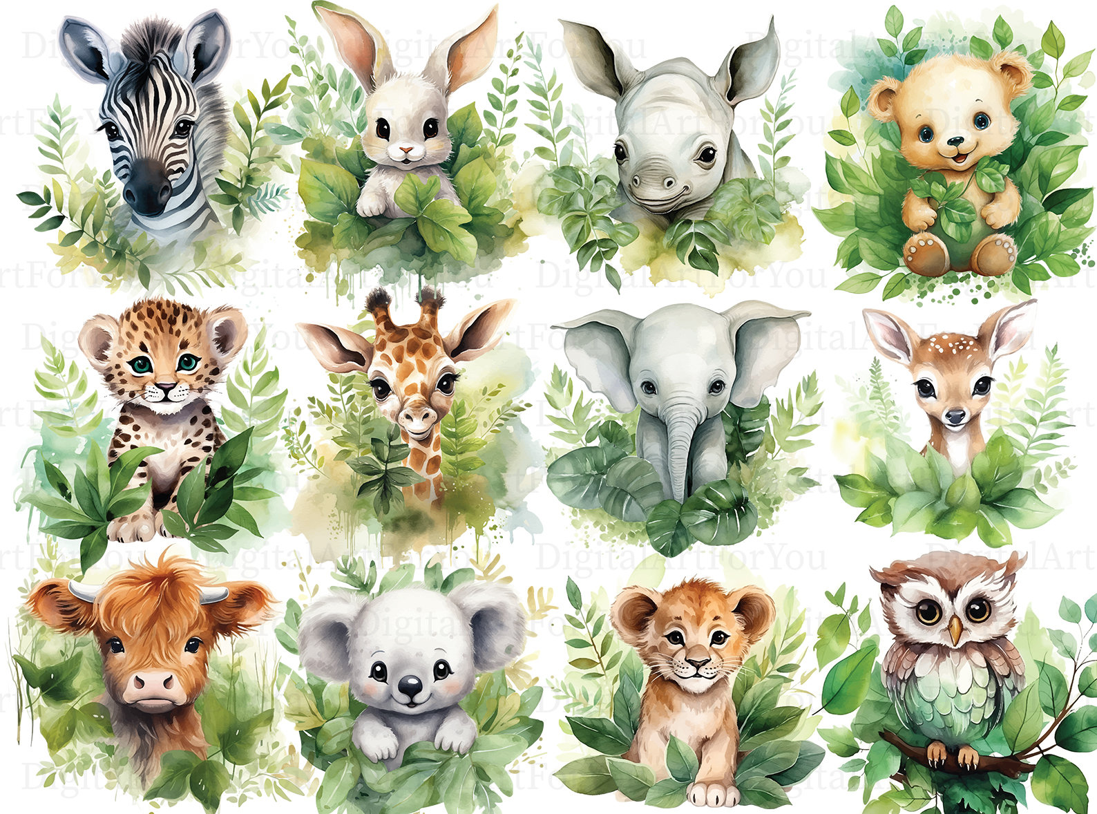 Baby Animals in Leaves 28pc PNG & SVG | Safari Animals Clipart ...