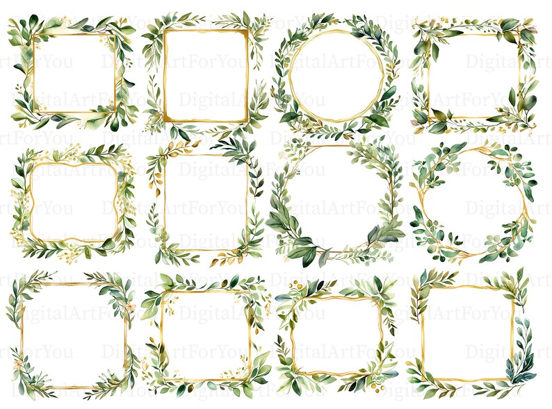 Watercolor Greenery Frames Borders 20pc PNG Clipart | Greenery Bundle ...