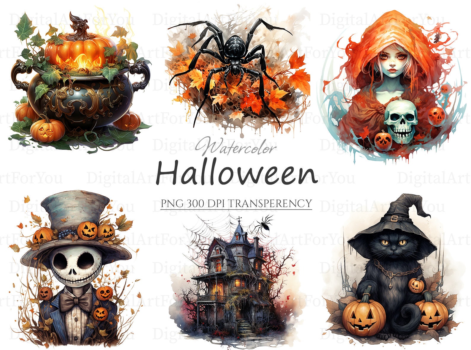 Watercolor Happy Halloween Clipart 20pc PNG & SVG Graphics - Etsy