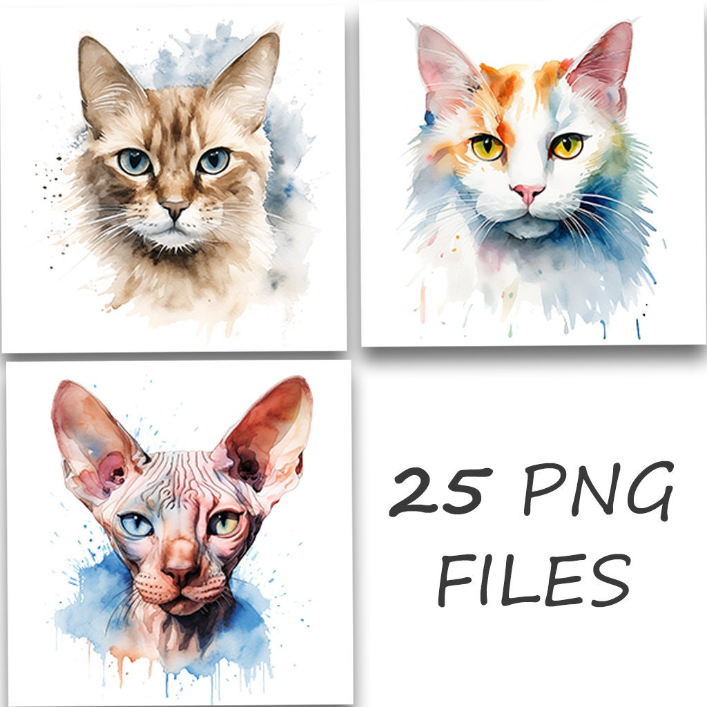 Classic Cats 25pc PNG & SVG Cat PNG Cat Watercolor Clipart Commercial ...