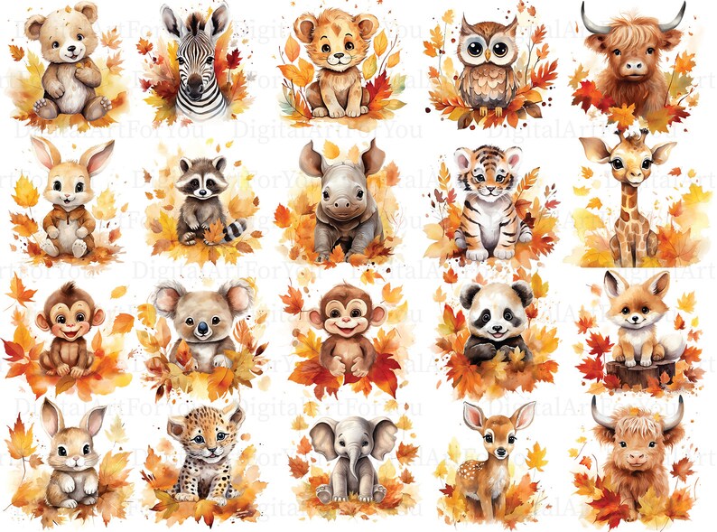 Fall Baby Animals in Leaves 32pc PNG & SVG Baby Animals - Etsy