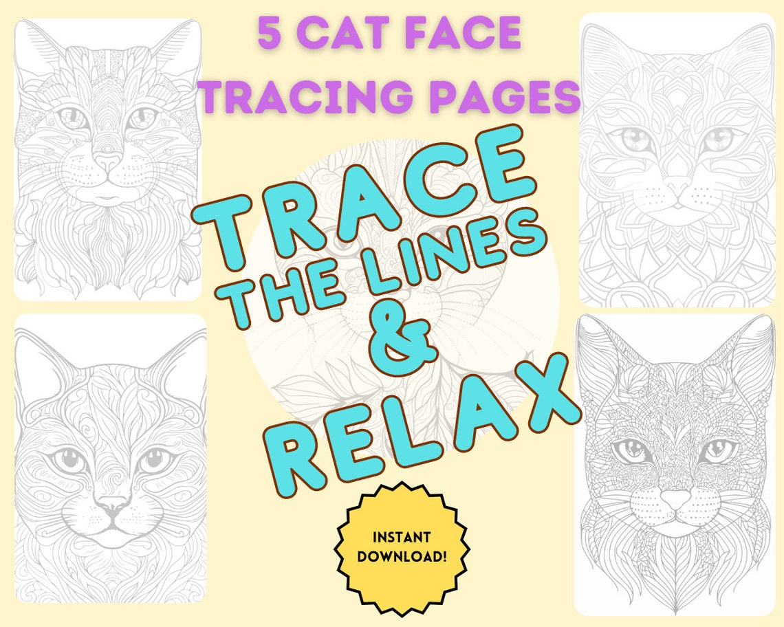 Adult Tracing Pages, Traceable Coloring Pages for Relaxation, Cat ...