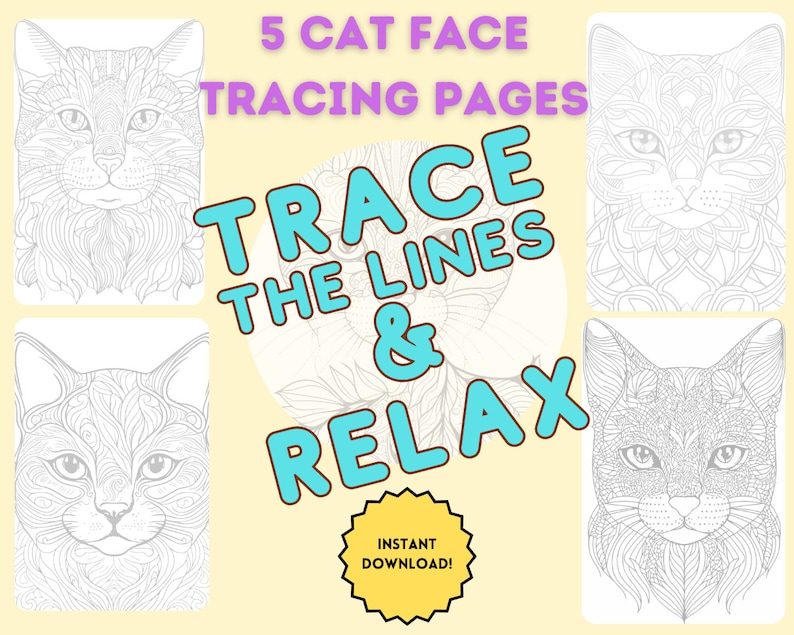 Adult Tracing Pages, Traceable Coloring Pages for Relaxation, Cat Mandala, Stress Relief ...