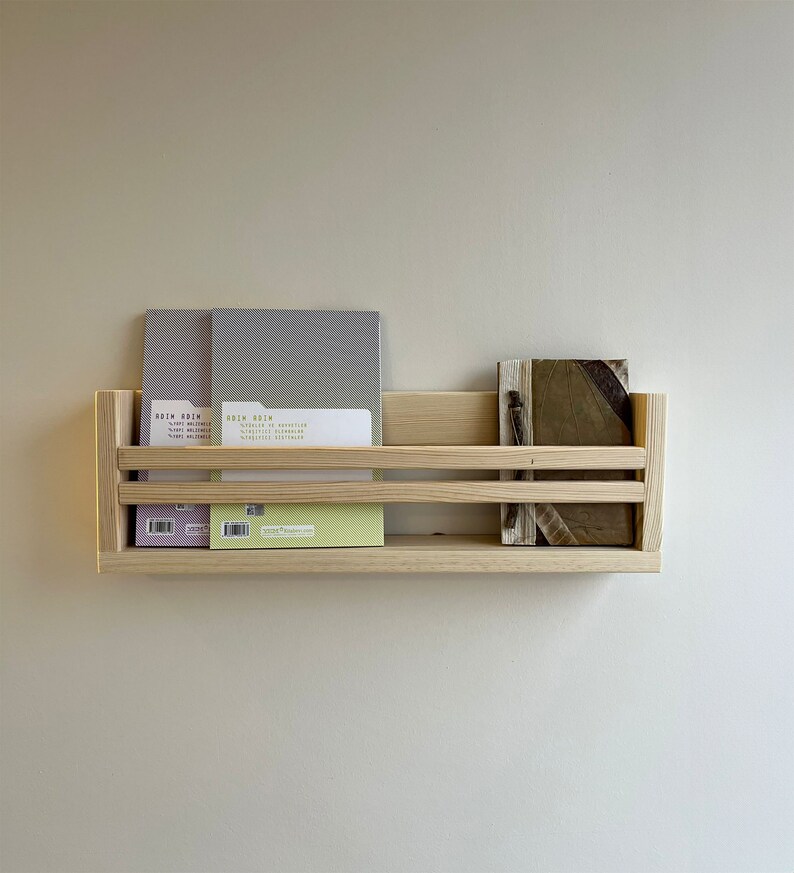 Natural Wood Floating Wall Magazine Rack Handcrafted Horizontal Shelf ...