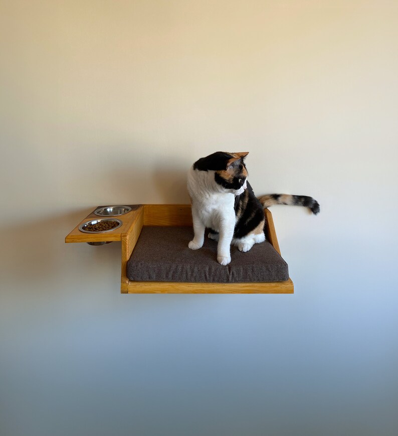 Handcrafted Cat Feeding Shelf With Floating Shelves and Metal Dish Wood ...
