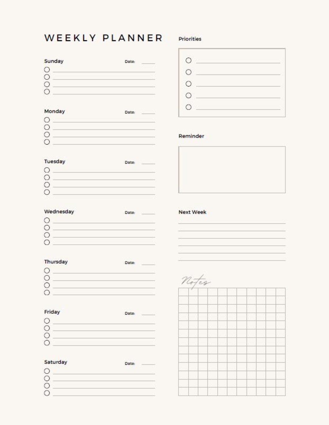 Minimalistic Printable Week Planner - Etsy