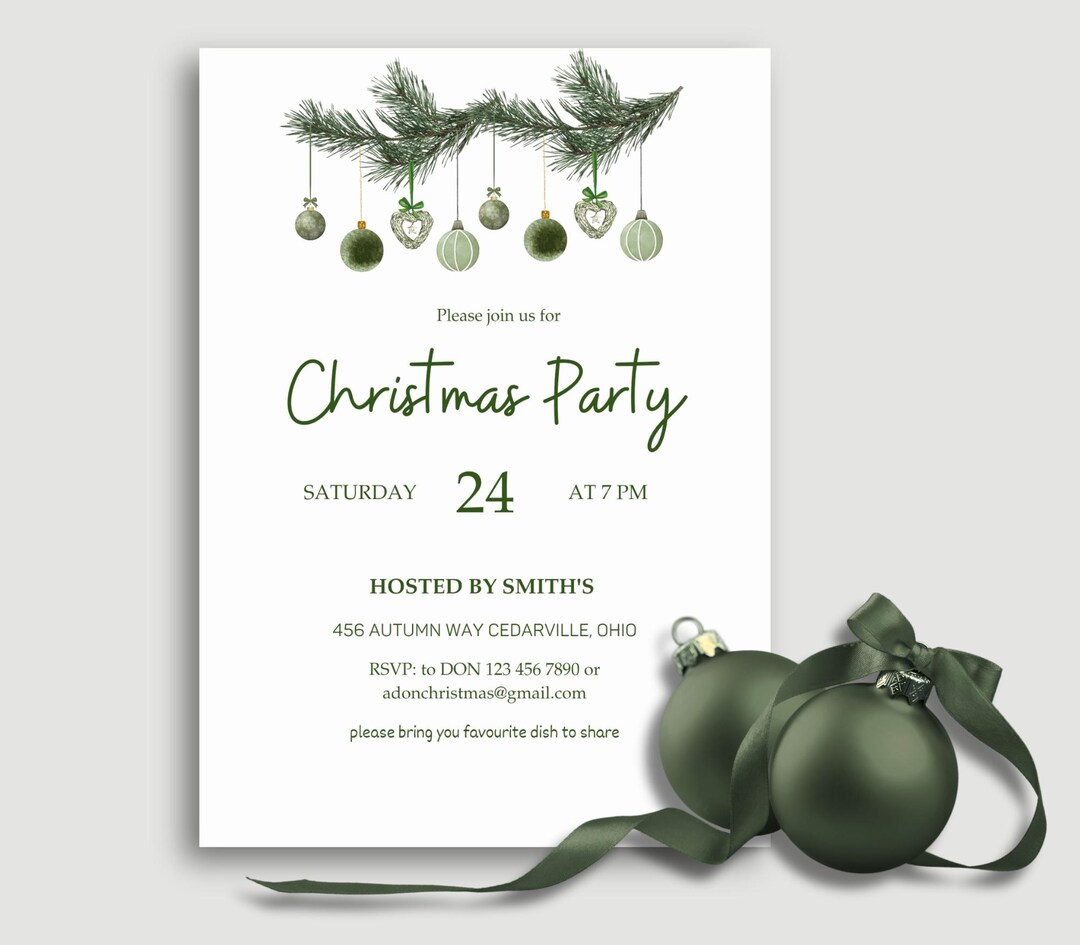 Minimal Green Christmas Party Invitation | Editable Canva Template - Etsy