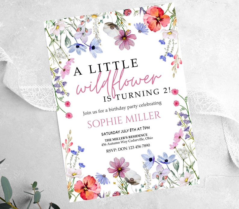 Wildflower 2nd Birthday Invitation, Floral Canva Template, Editable ...