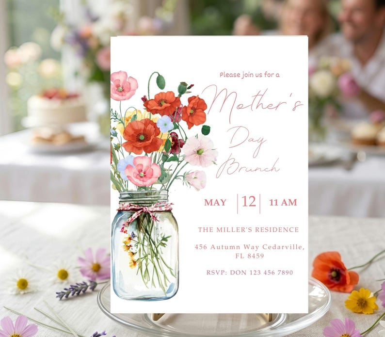 Wildflower Mason Jar Mother's Day Brunch Invitation , Canva Template ...