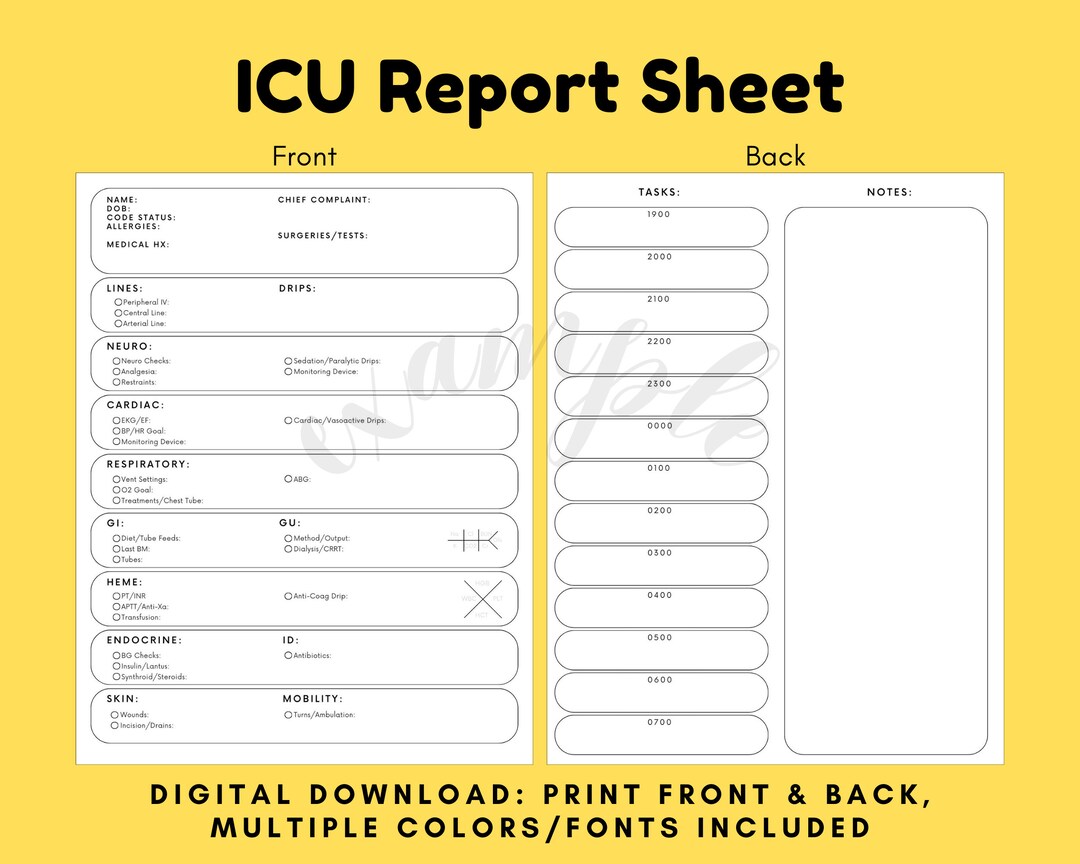 ICU Nurse Report Sheet, Printable, ICU Nurse Organization, Nurse Brain ...