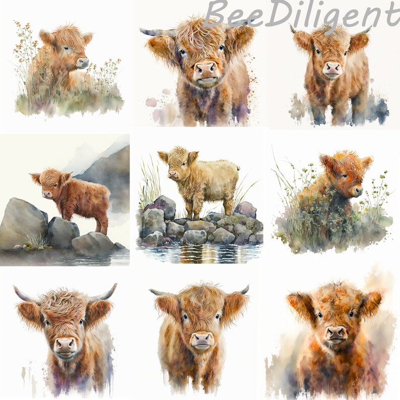 Watercolor Highland Cow Png Clipart Highland Cow Baby 20 Highdef 400DPI ...