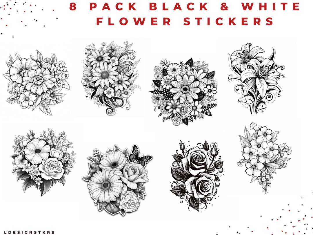 8 Pack Black and White Flower Stickers | Goth Stickers | Floral ...