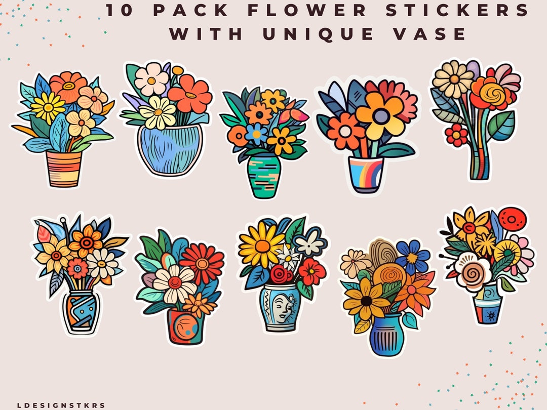 10 Pack Flower Stickers With Unique Vase | Aesthetic Laptop, Phone ...