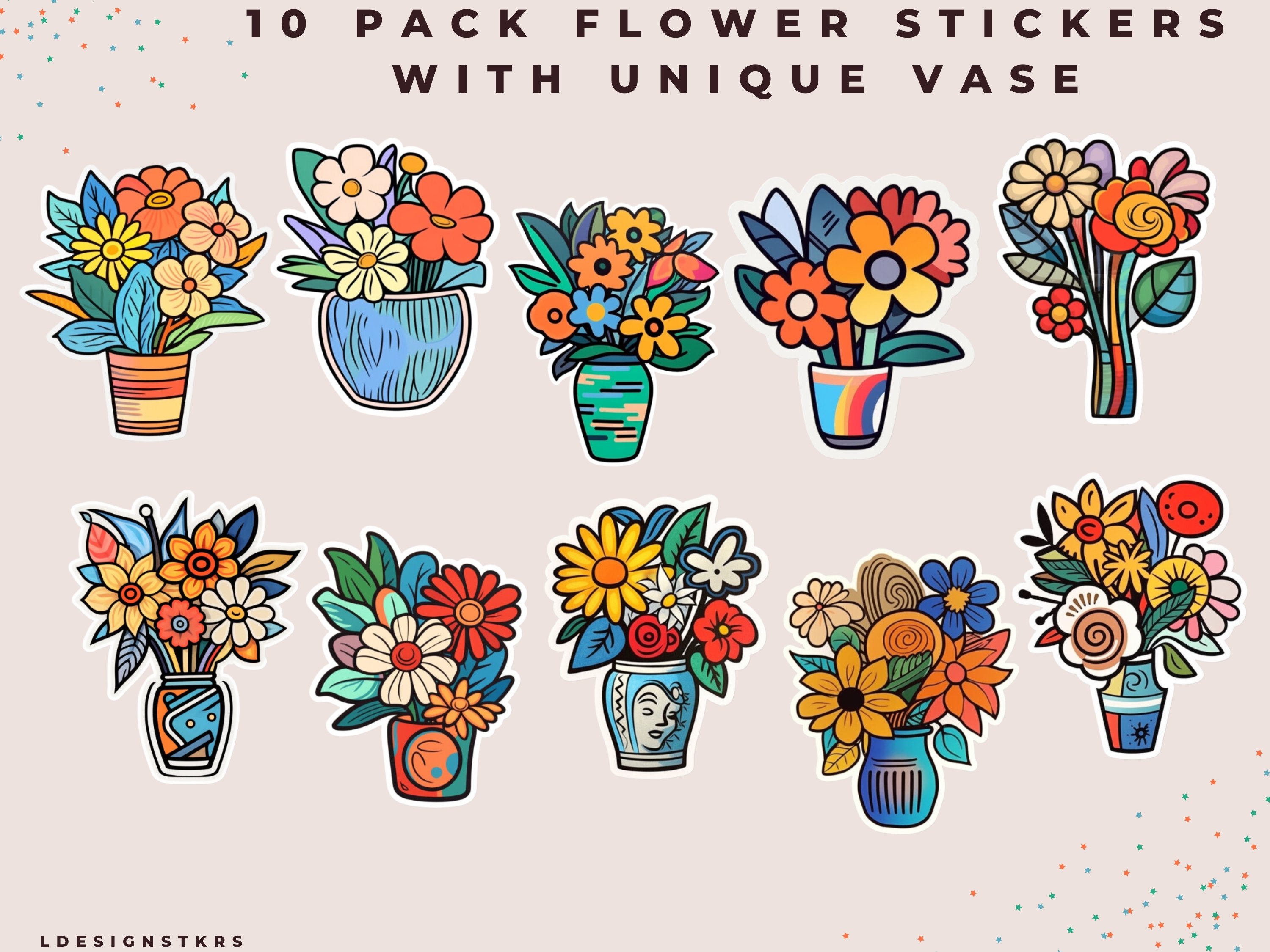 10 Pack Flower Stickers With Unique Vase Aesthetic Laptop, Phone ...