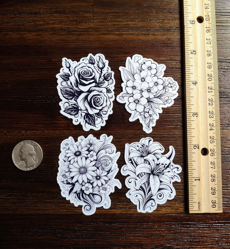 8 Pack Black and White Flower Stickers | Goth Stickers | Floral ...