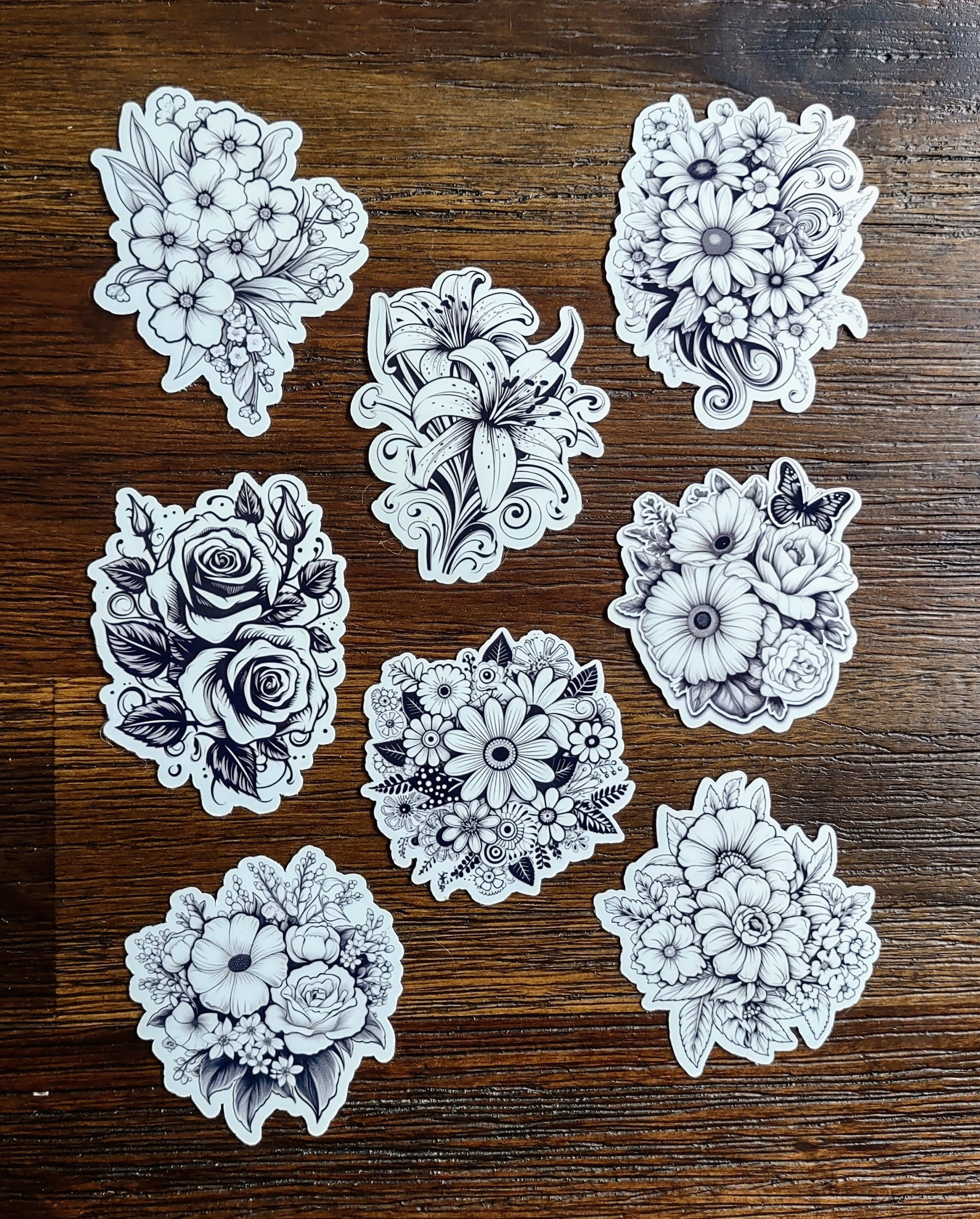 8 Pack Black and White Flower Stickers | Goth Stickers | Floral ...