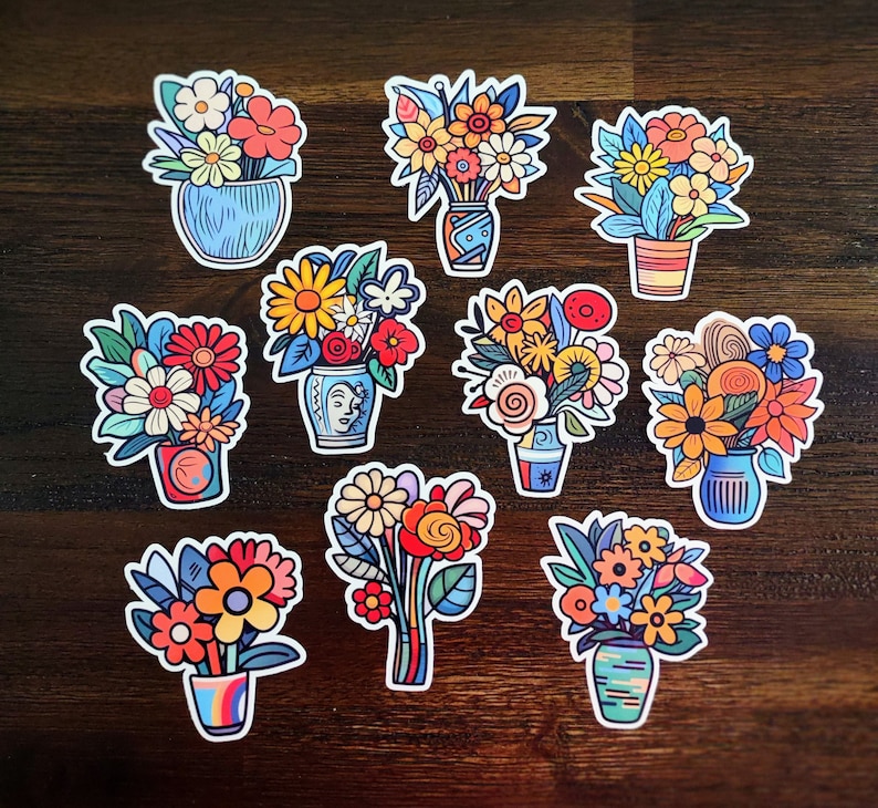 10 Pack Flower Stickers With Unique Vase | Aesthetic Laptop, Phone ...