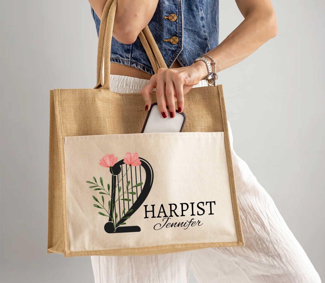 Personalized Harp Player Jute Bag, Harpist Gift, Music Lesson Bag ...
