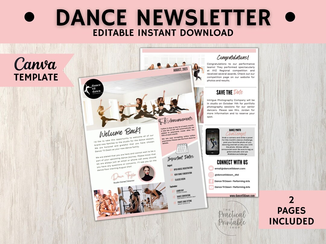 DANCE STUDIO NEWSLETTER Editable Canva Template | 2 Pages | Dance ...