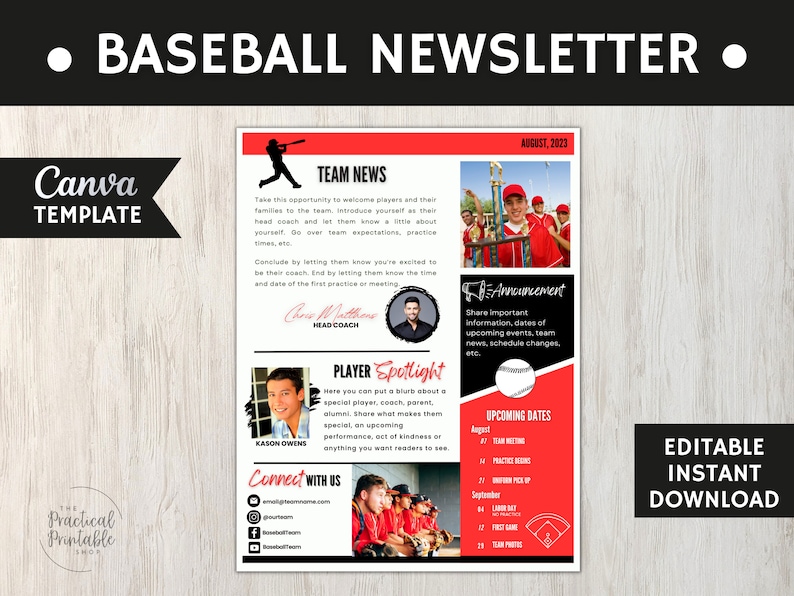 BASEBALL TEAM NEWSLETTER Editable Canva Template | Baseball Team Email ...