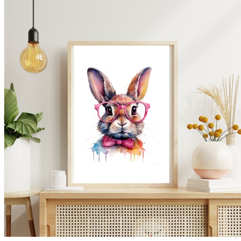 Rabbit With Pink Glasses Watercolor Painting PRINTABLE Wall Art Nursery ...