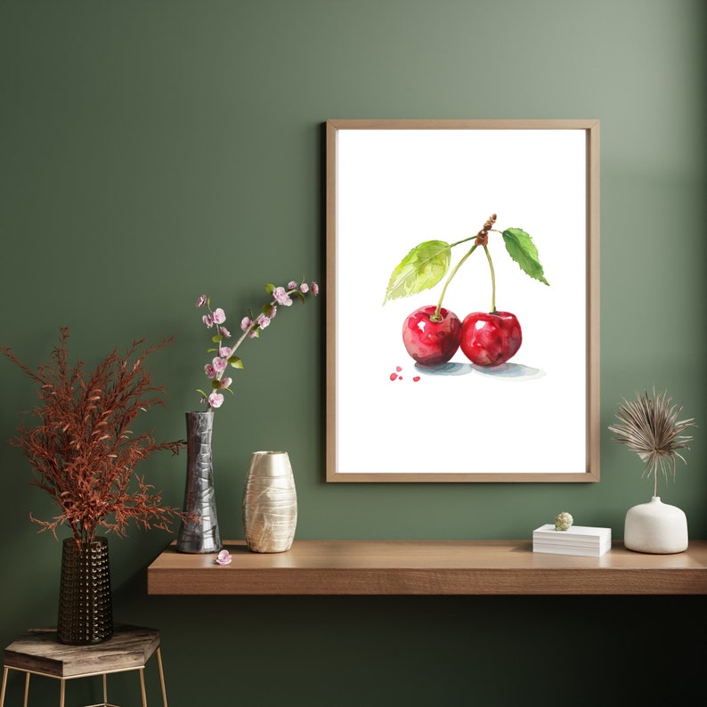 Cherries Watercolor Painting Printable Wall Art, Summer Fruits, Kitchen ...