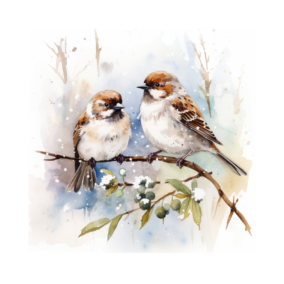Sparrows Watercolor Painting Printable Wall Art, Sparrows in Winter ...