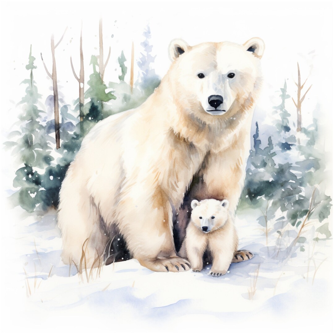 Mother and Baby Polar Bear Printable Art, Watercolor Bear Print Art ...