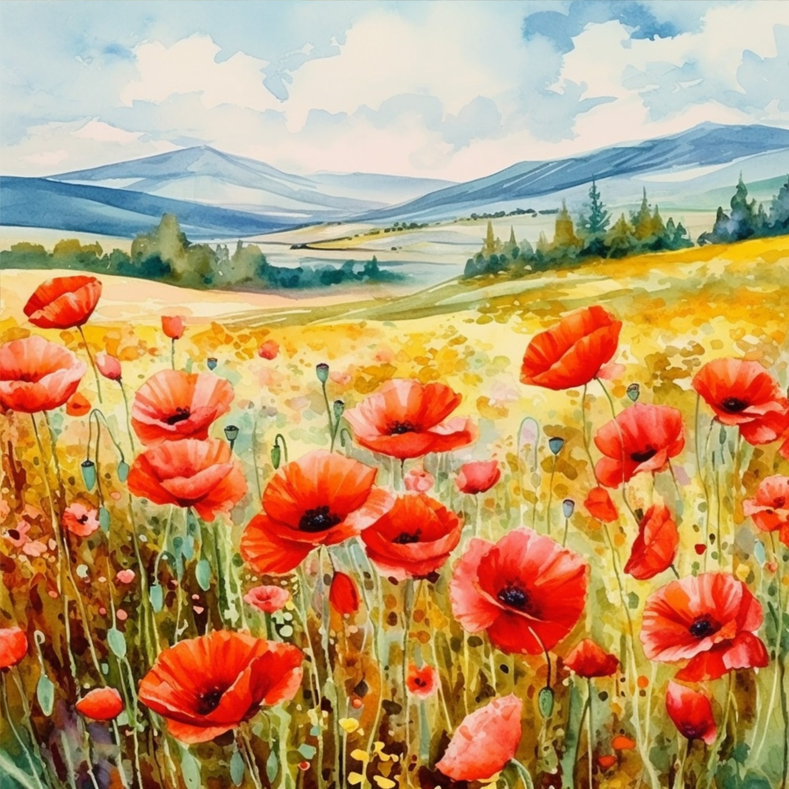 4 Set of Poppies Field Watercolor Landscape Painting, Printable Wall ...