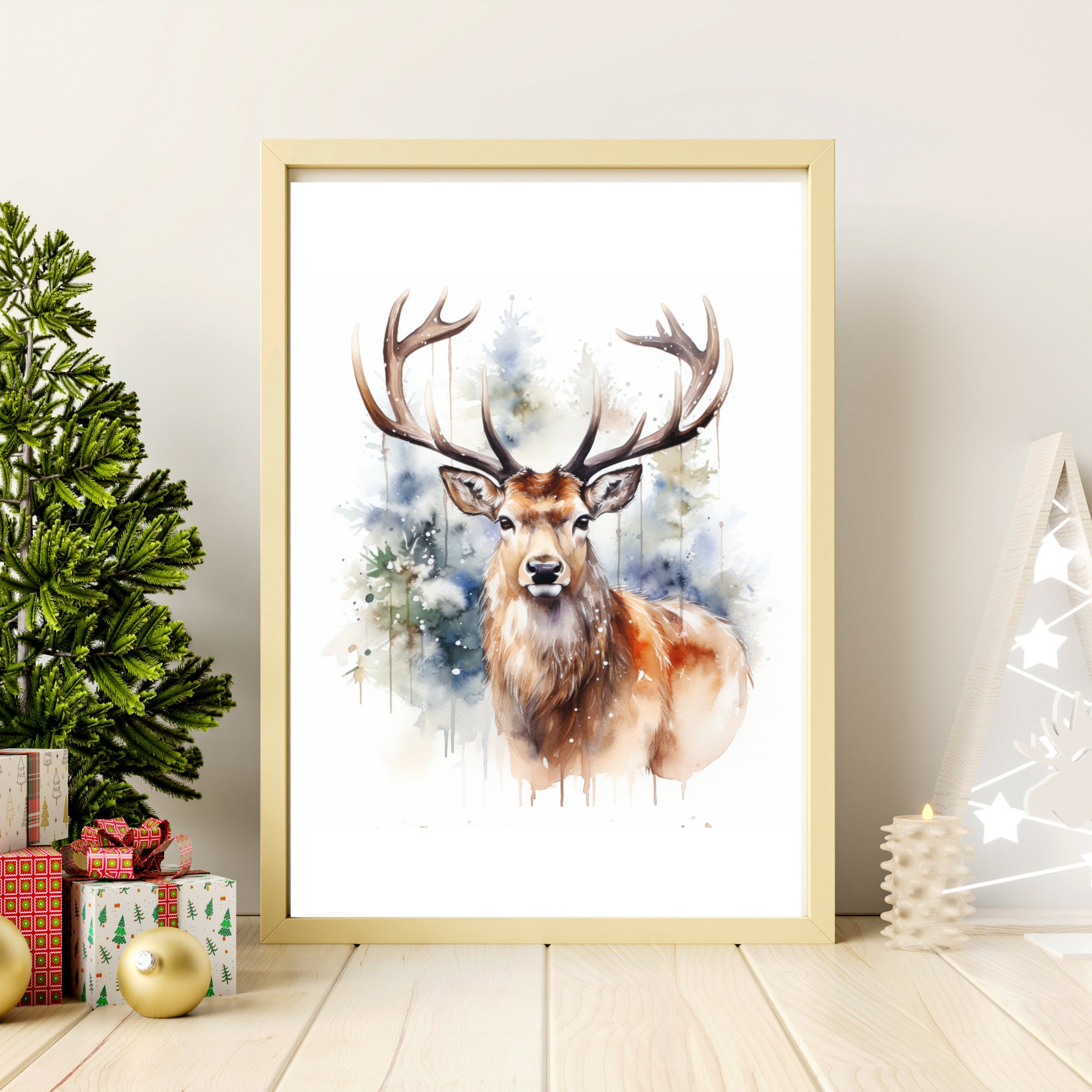 Reindeer Watercolor Painting, Reindeer Printable Wall Art, Instant ...