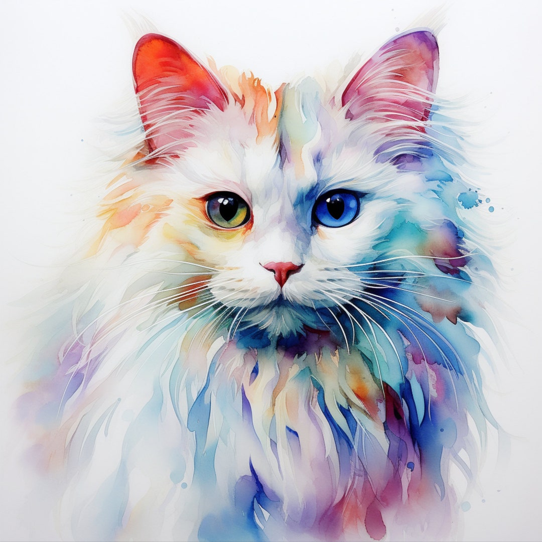 Watercolor White Cat Print, Colorful Cat Portrait (digital Download) - Etsy