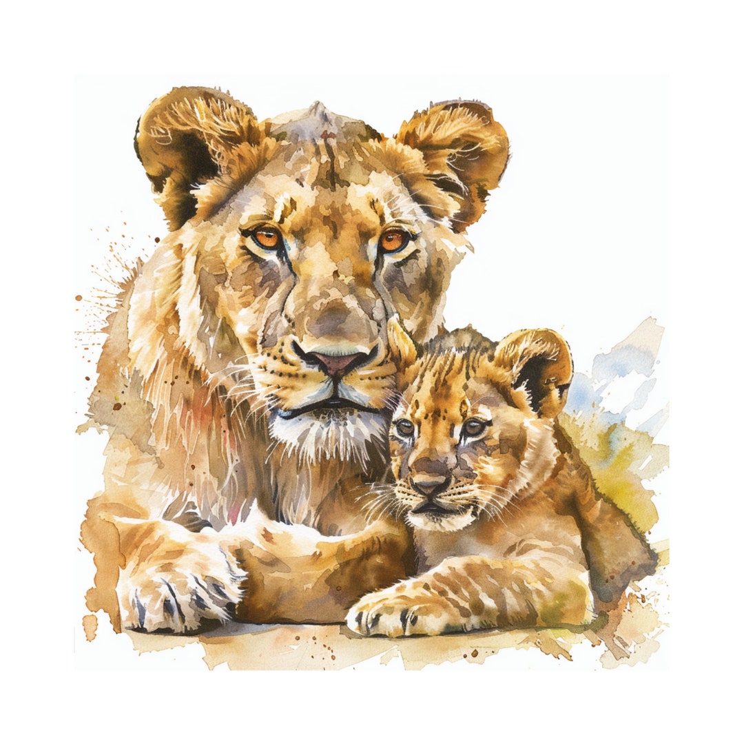 Mother and Baby Lion Watercolor Clipart, Printable Wall Art, Digital ...