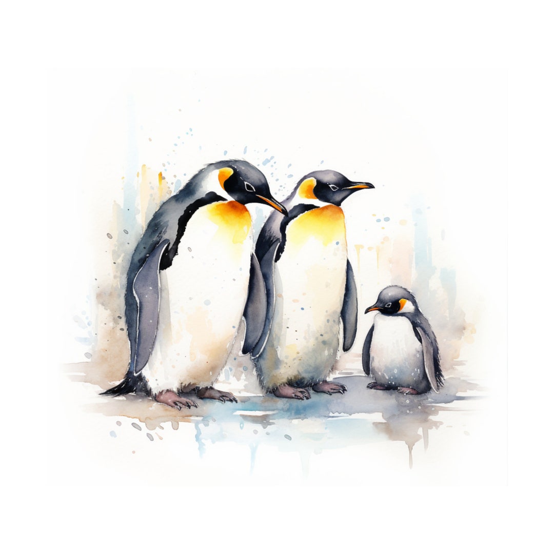 Penguin Family Watercolor Painting, Penguin Printable Wall Art, Animal ...