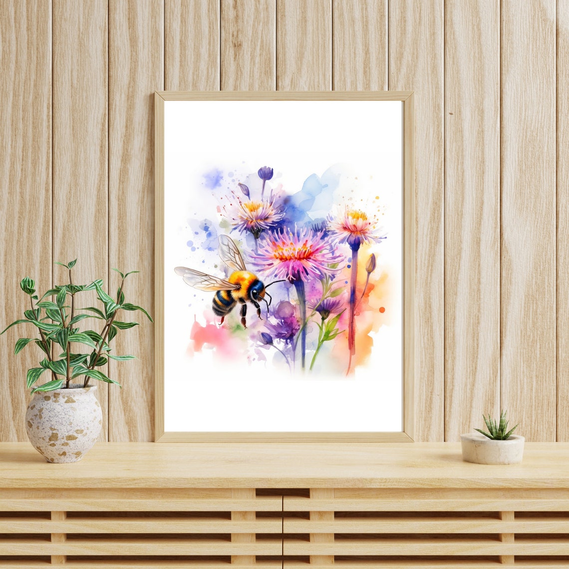 Honey Bee Watercolor Painting Printable Wall Art, Honey Bee Among Wild ...