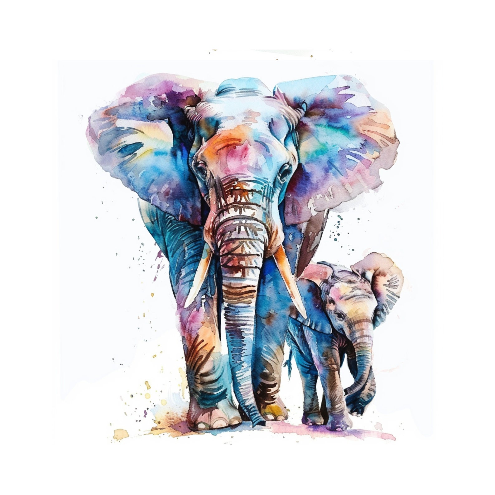 4 Set of Mother and Baby Elephant Watercolor Painting Printable Wall ...