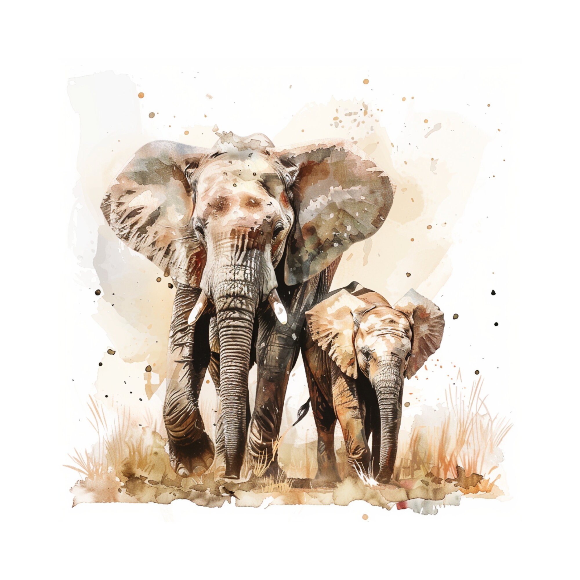 4 Set of Mother and Baby Elephant Watercolor Painting Printable Wall ...