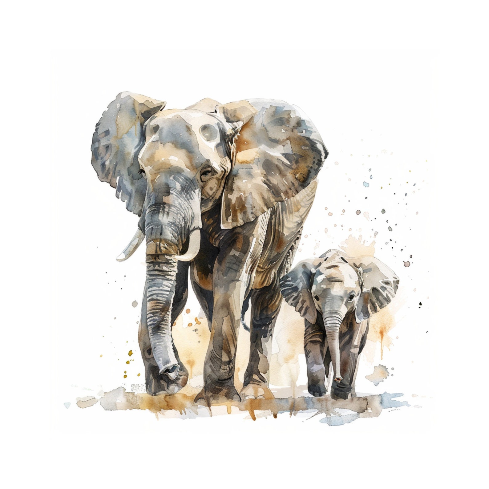 4 Set of Mother and Baby Elephant Watercolor Painting Printable Wall ...