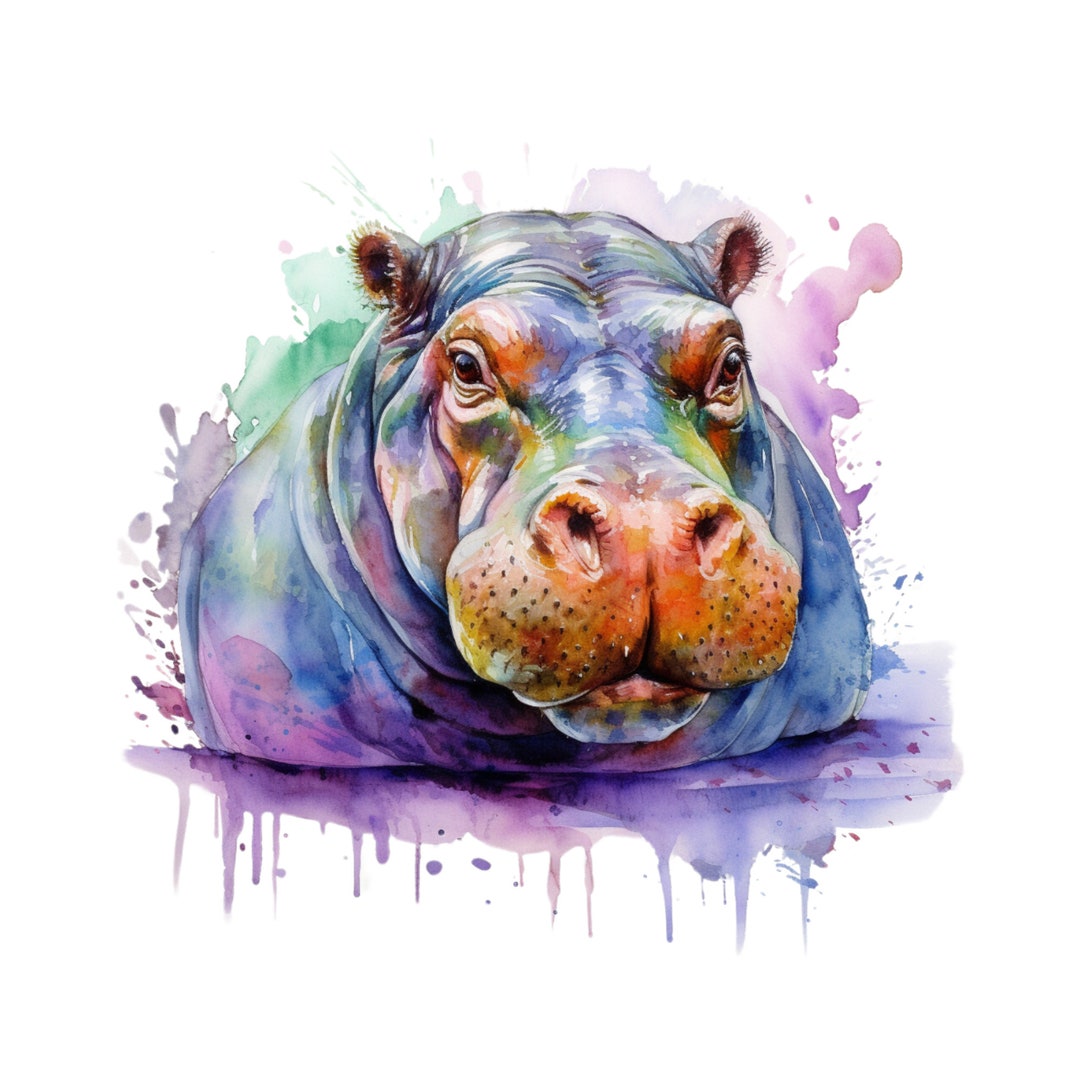 Hippo Watercolor Painting Printable Wall Art, Hippo Clipart,watercolor ...