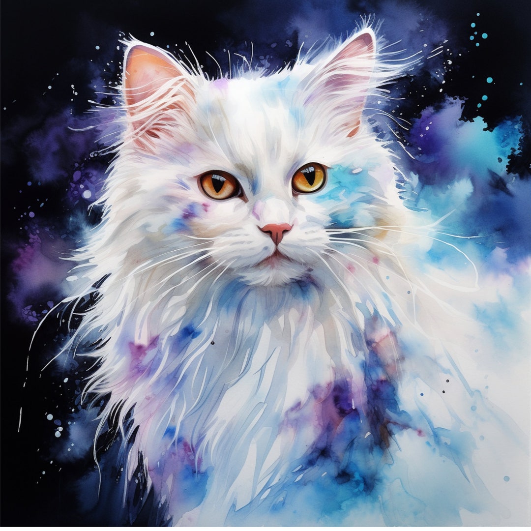 White Cat Watercolor Painting Printable Wall Art, Cat Poster, Cat Wall ...