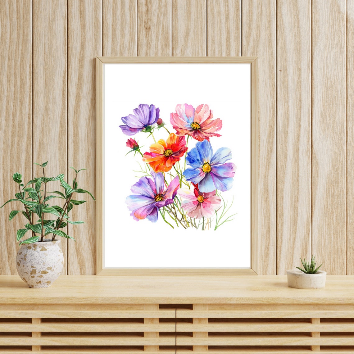Cosmos Flowers Watercolor Painting Printable Wall Art, Colorful Art ...