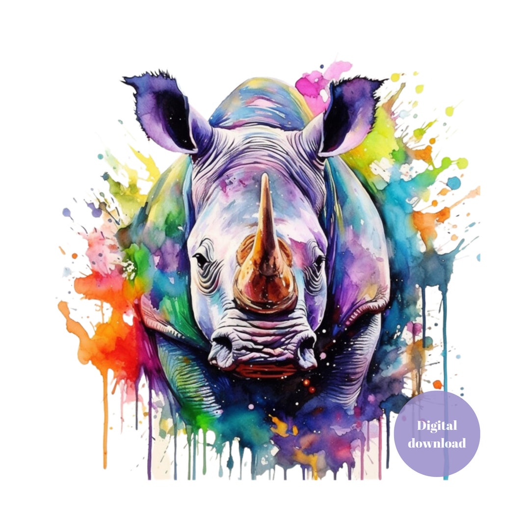 Rhino Watercolor Painting, Rhino Printable Wall Art, Rhino Digital ...