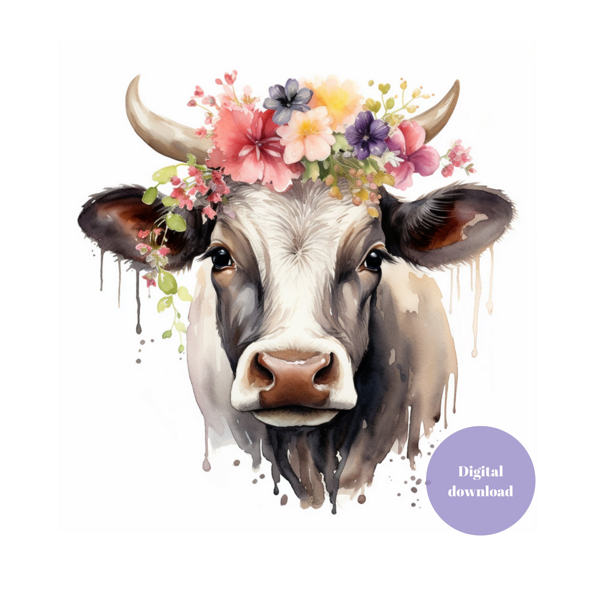 Cow Watercolor Painting, Cow Printable Wall Art, Cow Digital Print ...