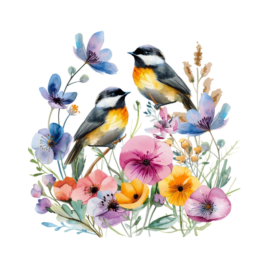 Spring Birds Watercolor Printable Wall Art, Floral Birds, Birds With ...